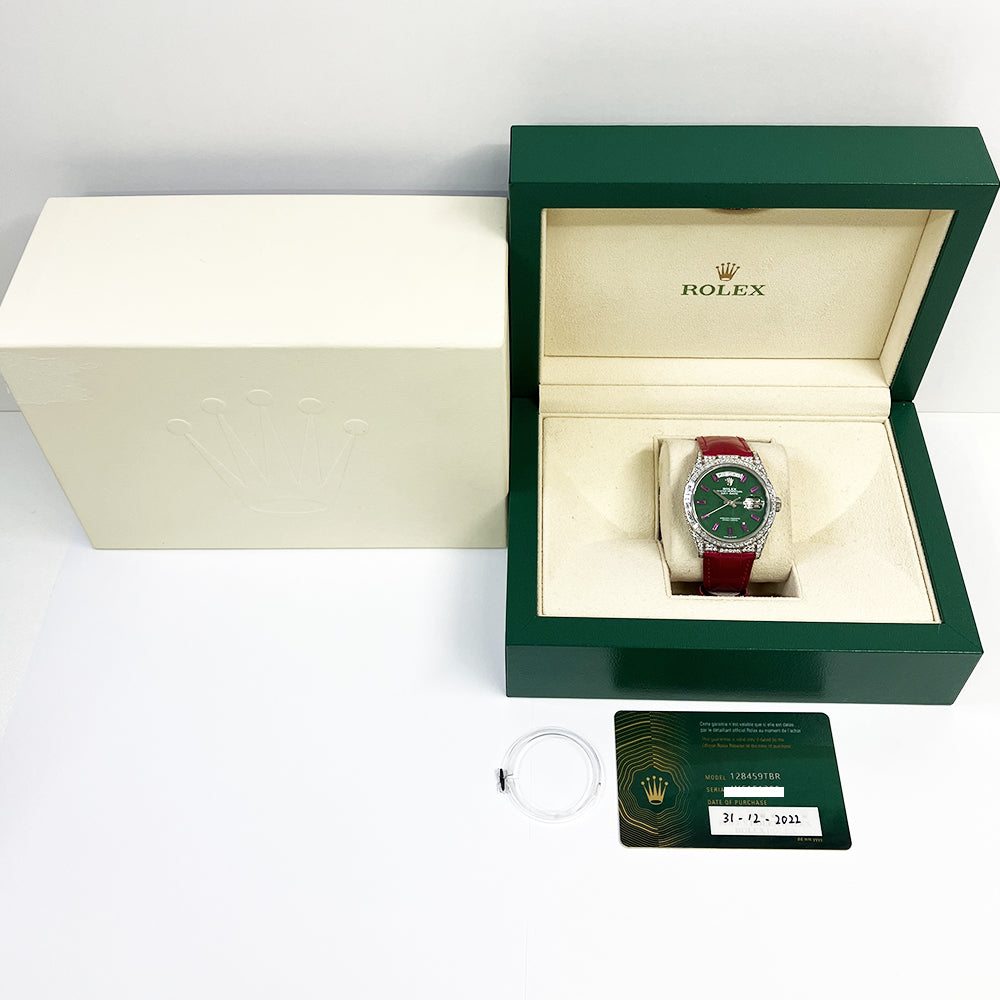 Rolex Day-Date 128459TBR Jade Ruby Diamond Dial Dec 2022 – CHRONONATION